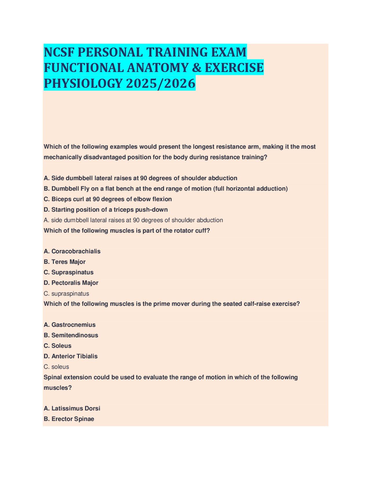 NCSF PERSONAL TRAINING EXAM FUNCTIONAL ANATOMY & EXERCISE PHYSIOLOGY 2025/2026 | Exams Physical ...