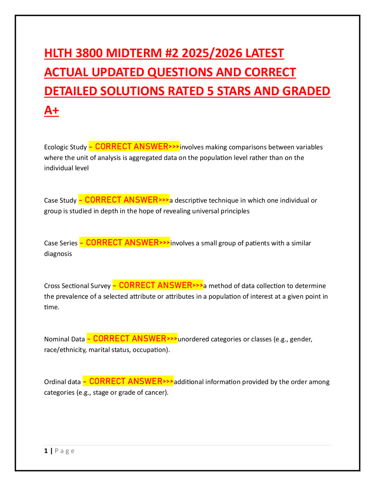 HLTH 3800 Midterm #2: Epidemiology Concepts and Data Types | Exams Nursing | Docsity