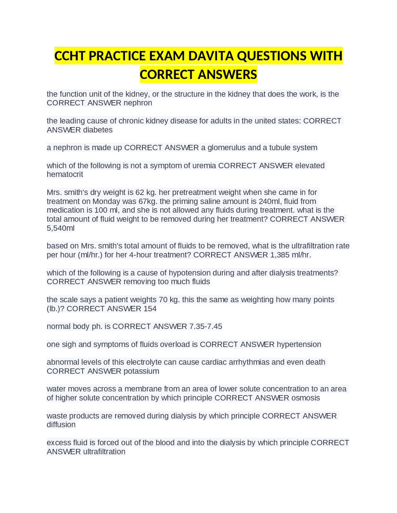 CCHT PRACTICE EXAM DAVITA QUESTIONS WITH CORRECT ANSWERS | Exams ...