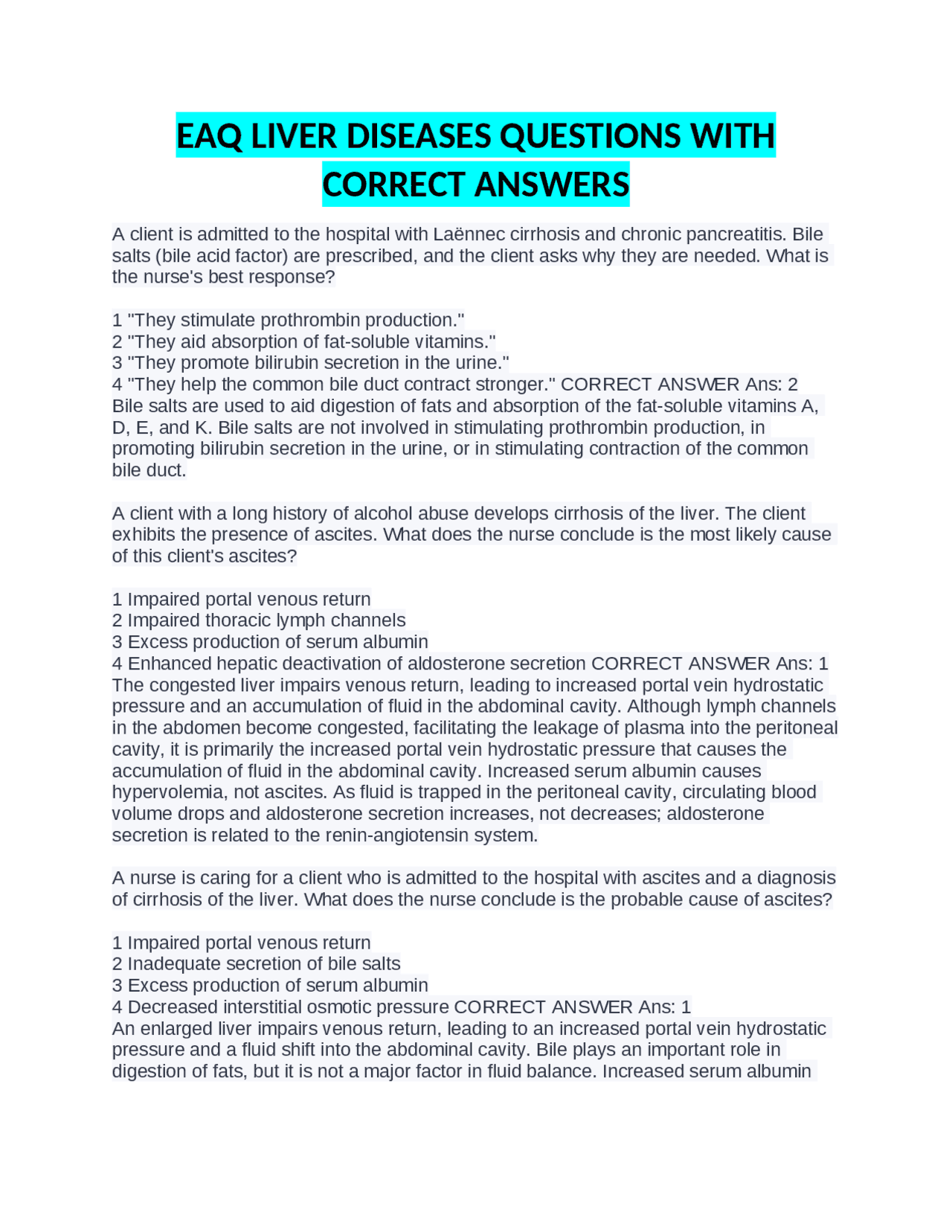 Liver Diseases: Multiple Choice Questions and Answers | Exams Nursing ...
