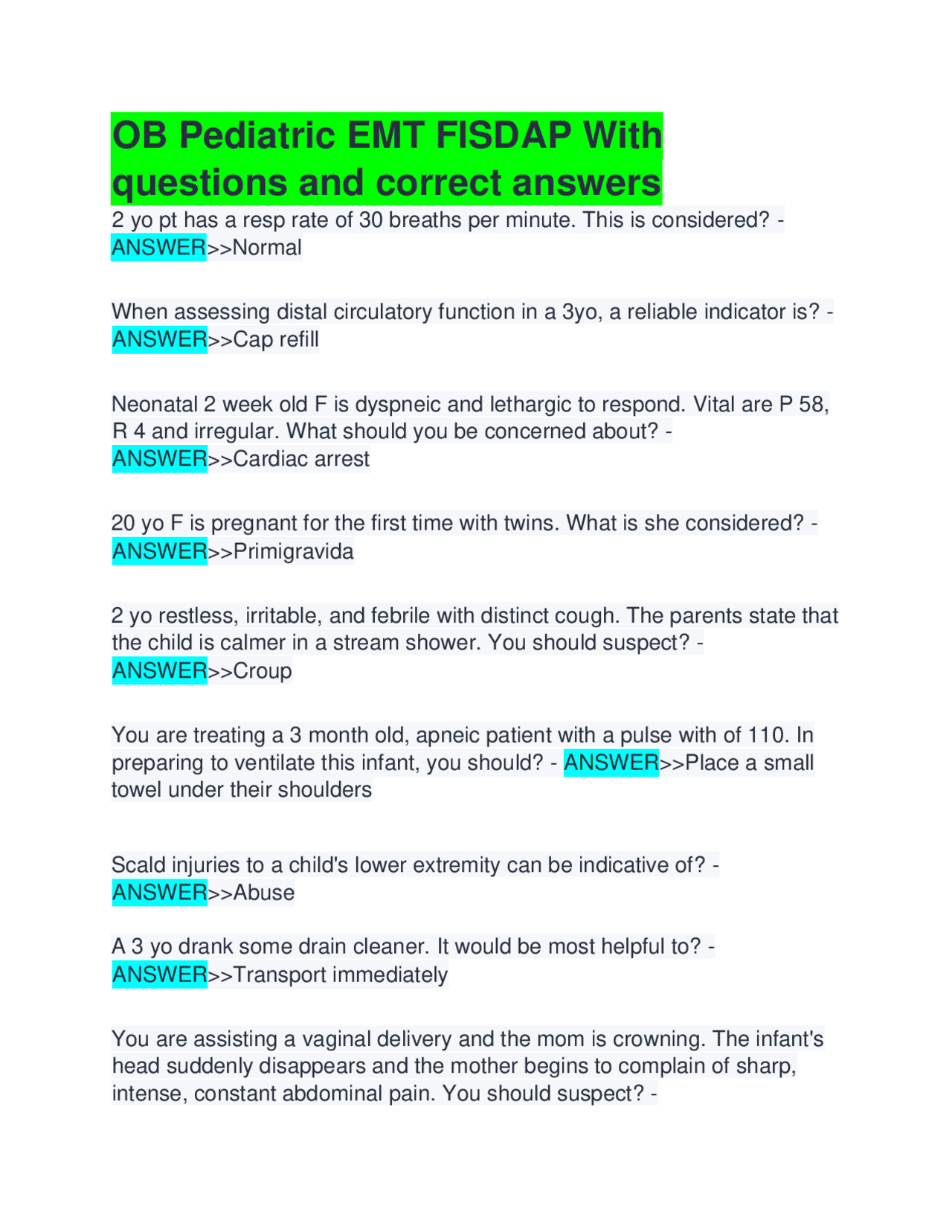 OB Pediatric EMT FISDAP With questions and correct answers | Exams Nursing | Docsity