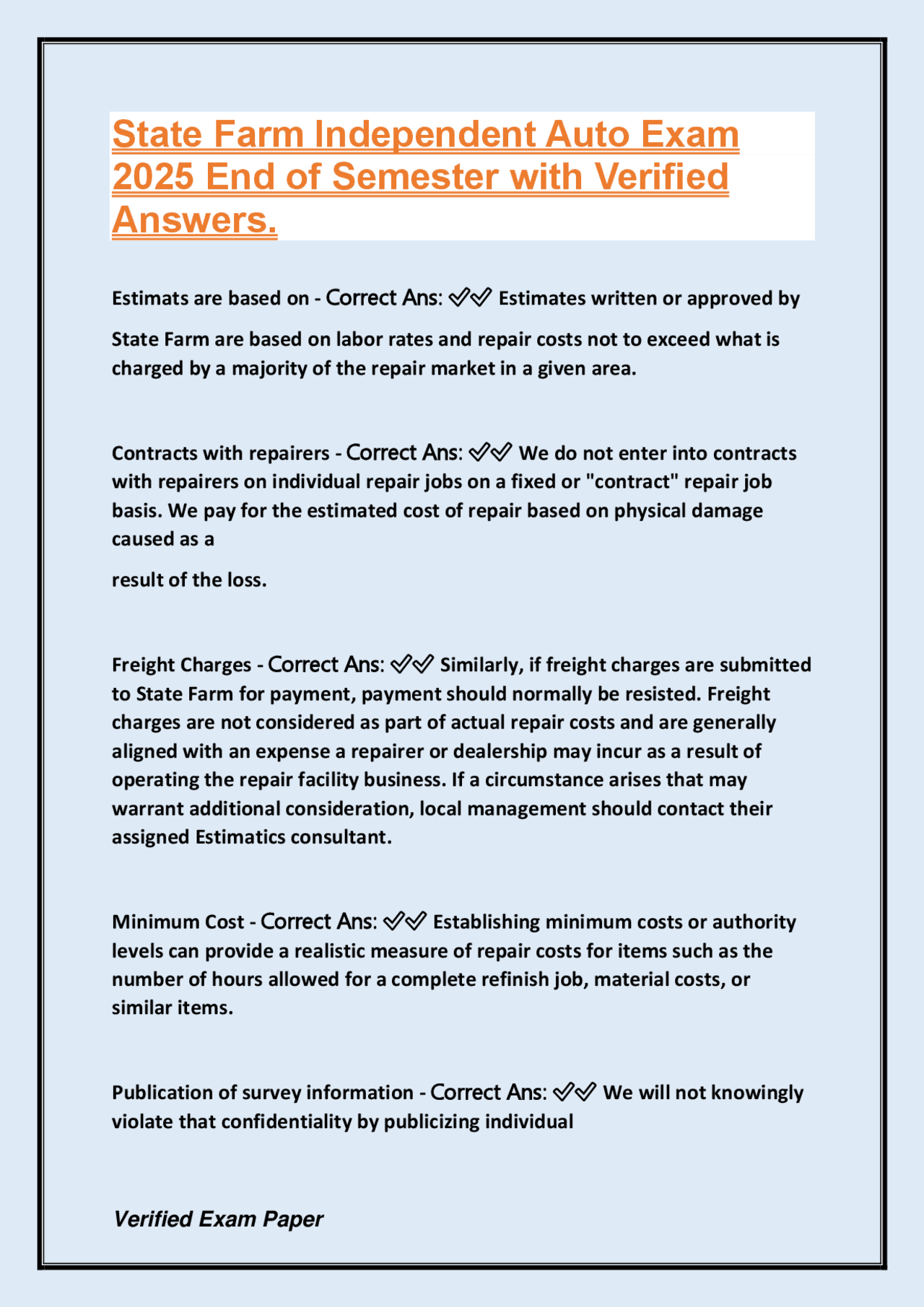 State Farm Independent Auto Exam: Verified Exam Paper with Answers ...