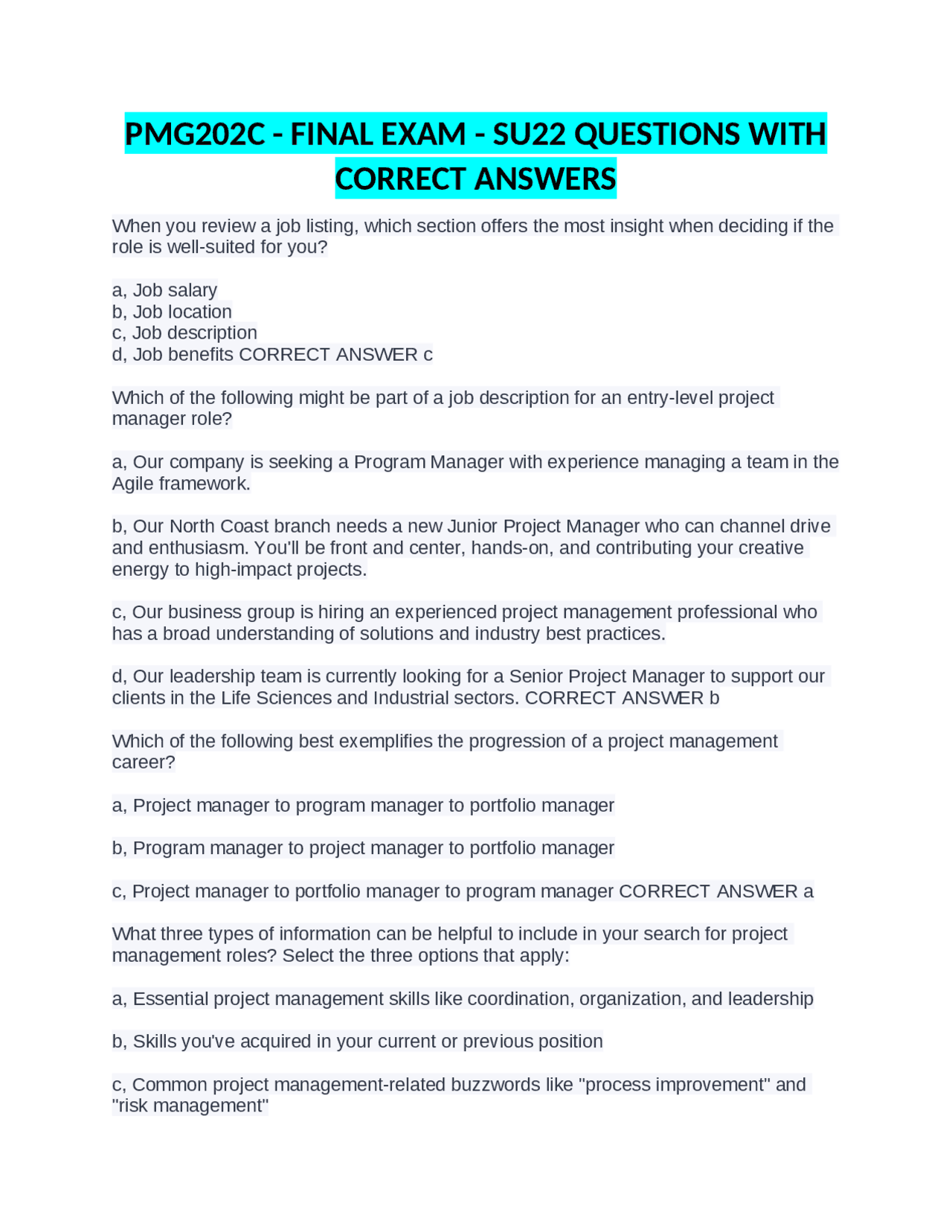 Project Management: Multiple Choice Questions and Answers | Exams Advanced Education | Docsity