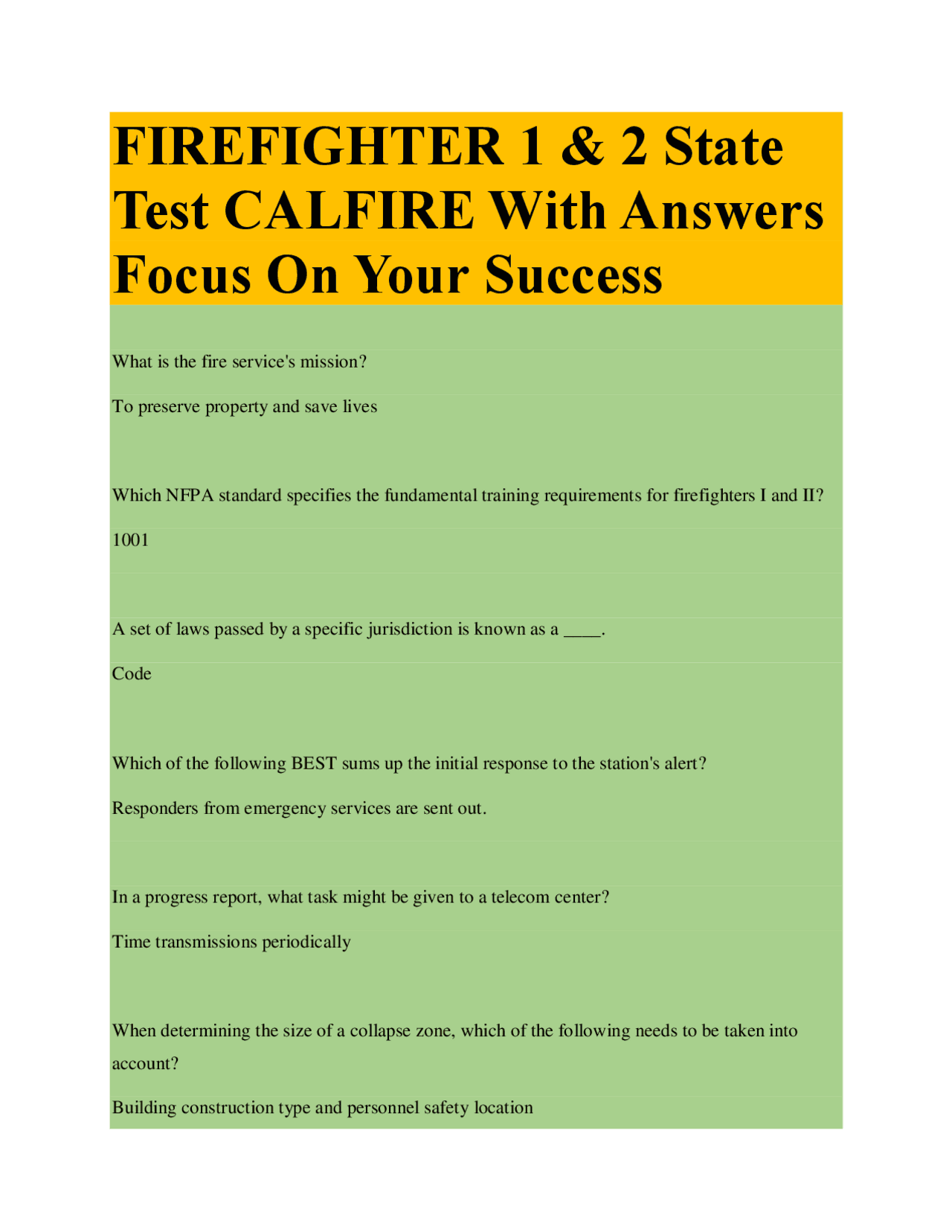Firefighter 1 & 2 State Test CALFIRE With Answers: Focus On Your ...