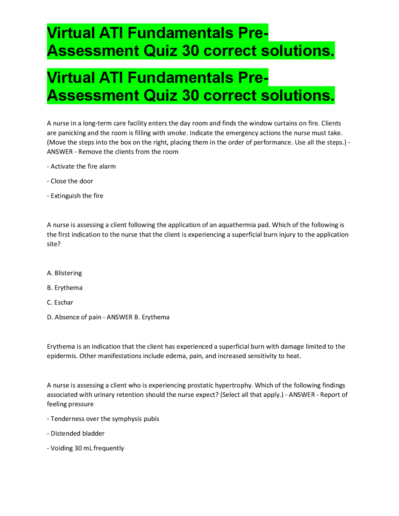 ATI Fundamentals PreAssessment Quiz: Nursing Practice Questions and Answers | Exams Nursing ...