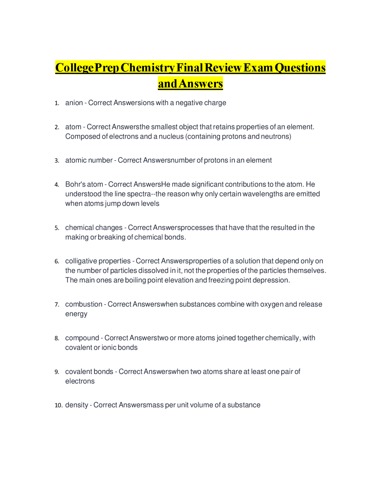 College Prep Chemistry Final Review Exam Questions and Answers | Exams ...