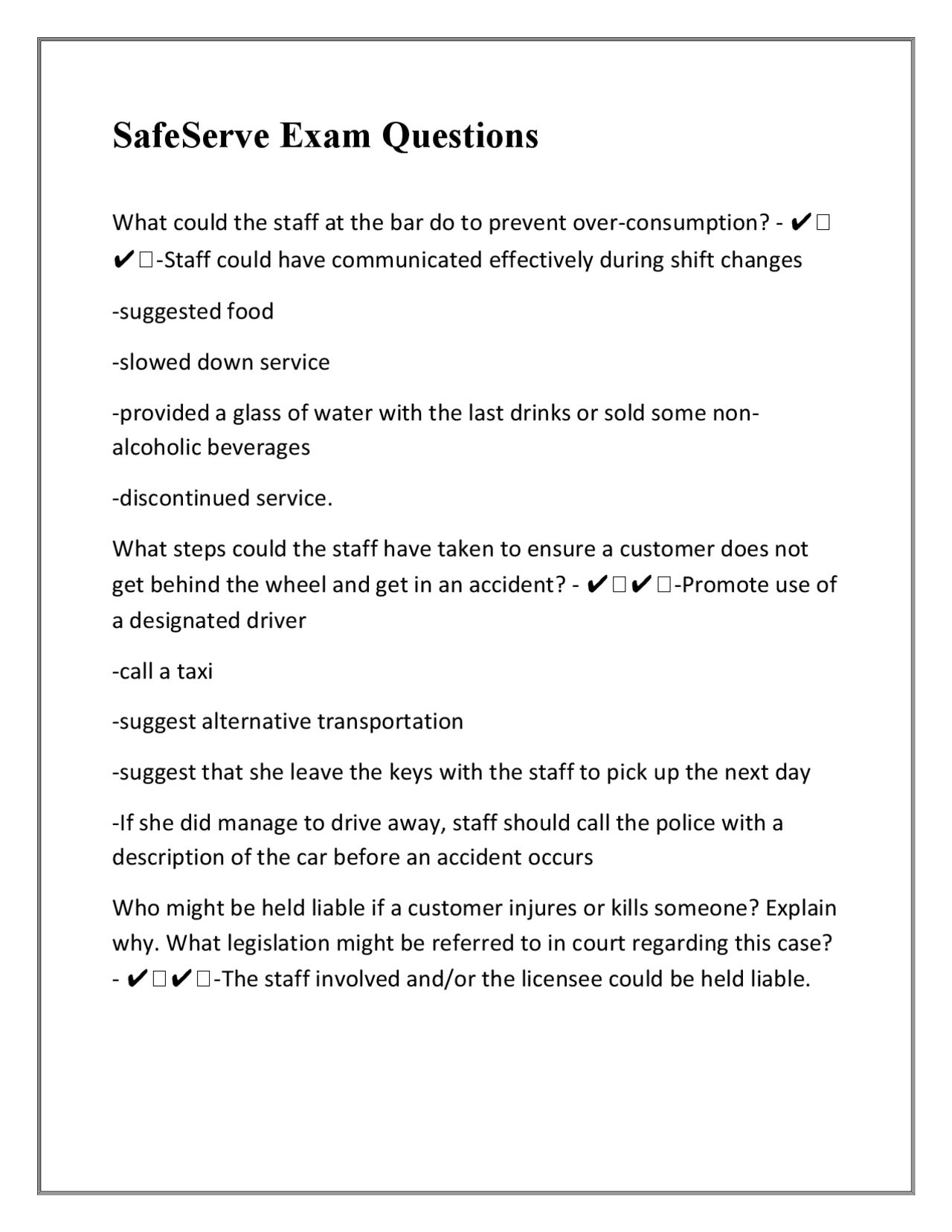 SafeServe Exam Questions: Responsible Beverage Service in BC | Exams ...