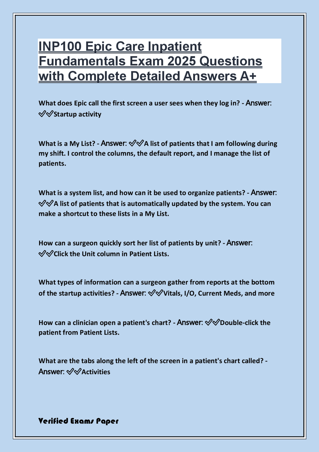 INP100 Epic Care Inpatient Fundamentals Exam 2025. | Exams Nursing ...