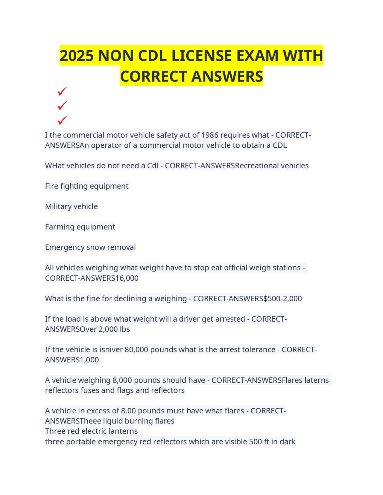 2025 NON CDL LICENSE EXAM WITH CORRECT ANSWERS | Exams Advanced ...