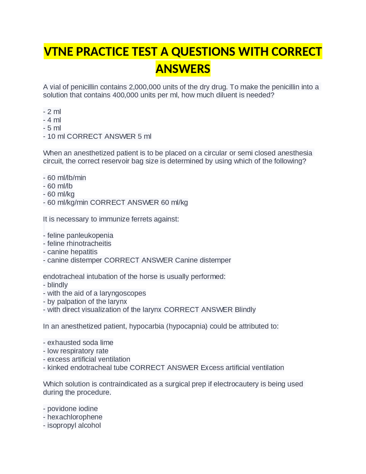 VTNE PRACTICE TEST A QUESTIONS WITH CORRECT ANSWERS | Exams Veterinary ...