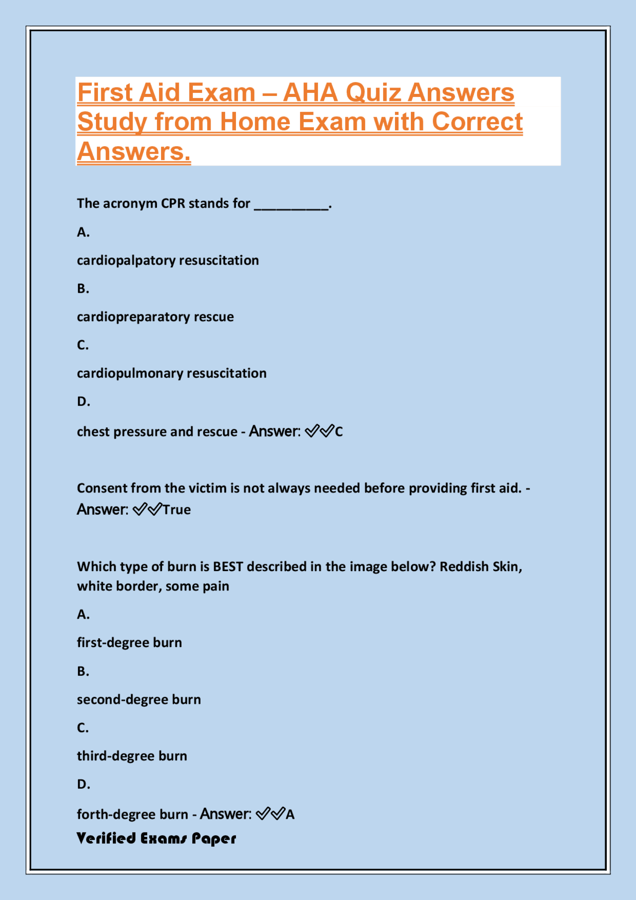 First Aid Exam – AHA Quiz Answers Study from Home Exam with Correct ...