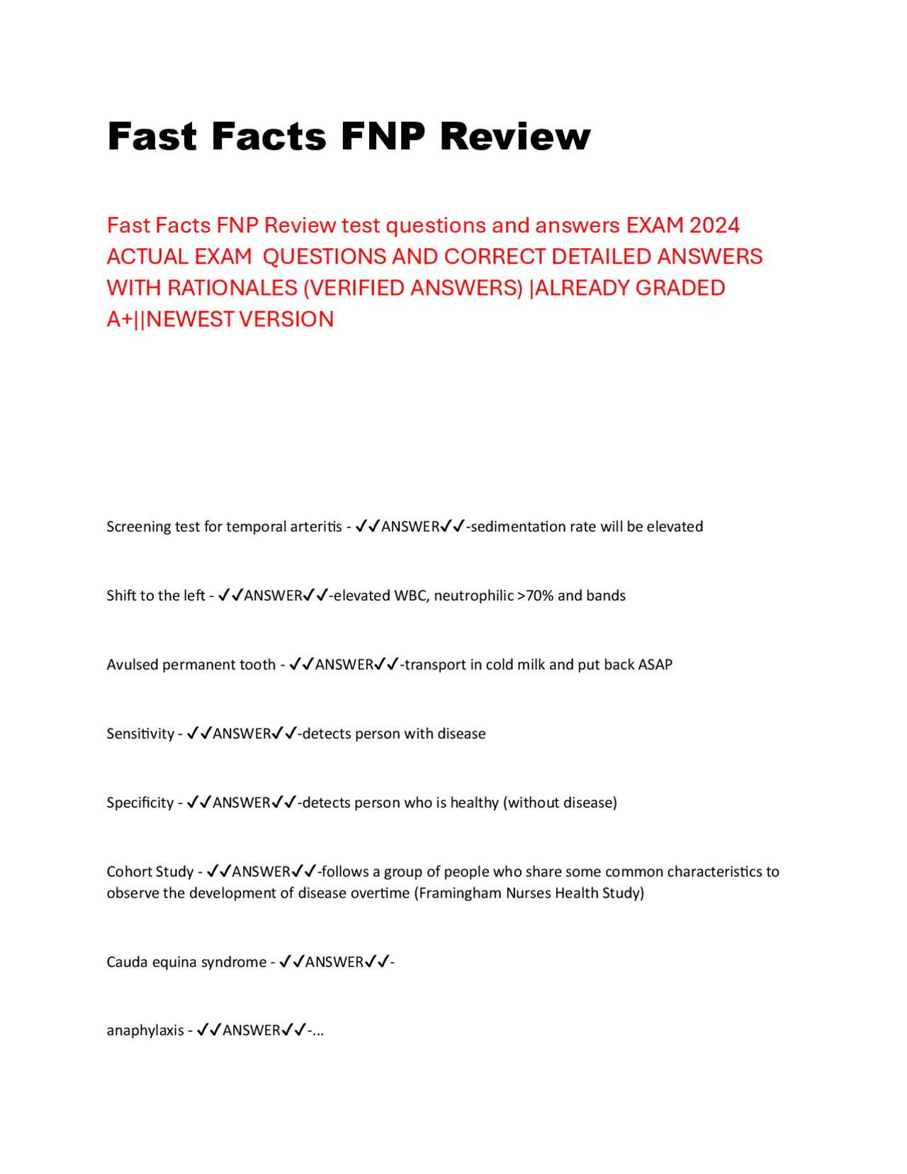 Fast Facts FNP Review test questions and answers EXAM 2024 ACTUAL EXAM ...