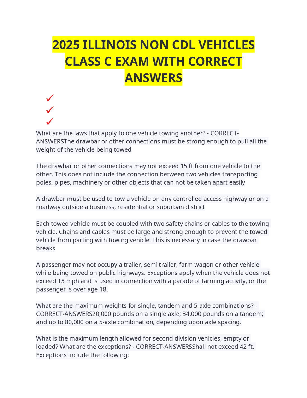 2025 ILLINOIS NON CDL VEHICLES CLASS C EXAM WITH CORRECT ANSWERS ...