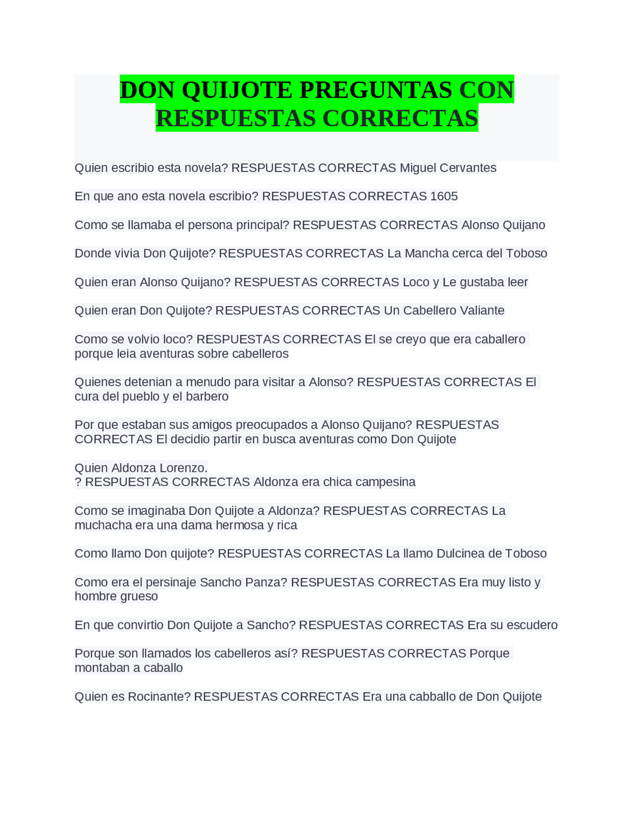Don Quijote: Questions and Answers | Exams Advanced Education | Docsity