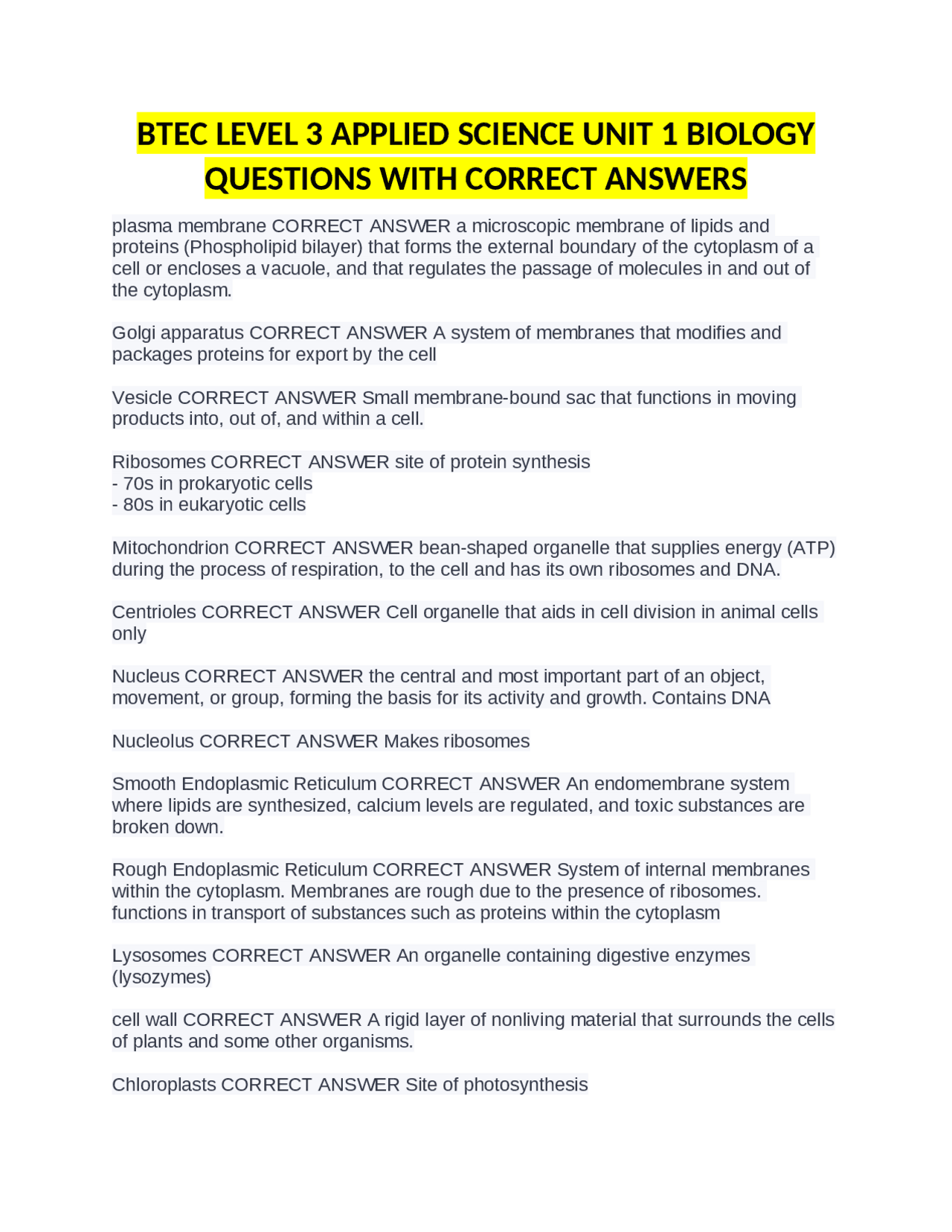 Btec Level 3 Applied Science Unit 1 Biology Questions And Answers Exams Advanced Education