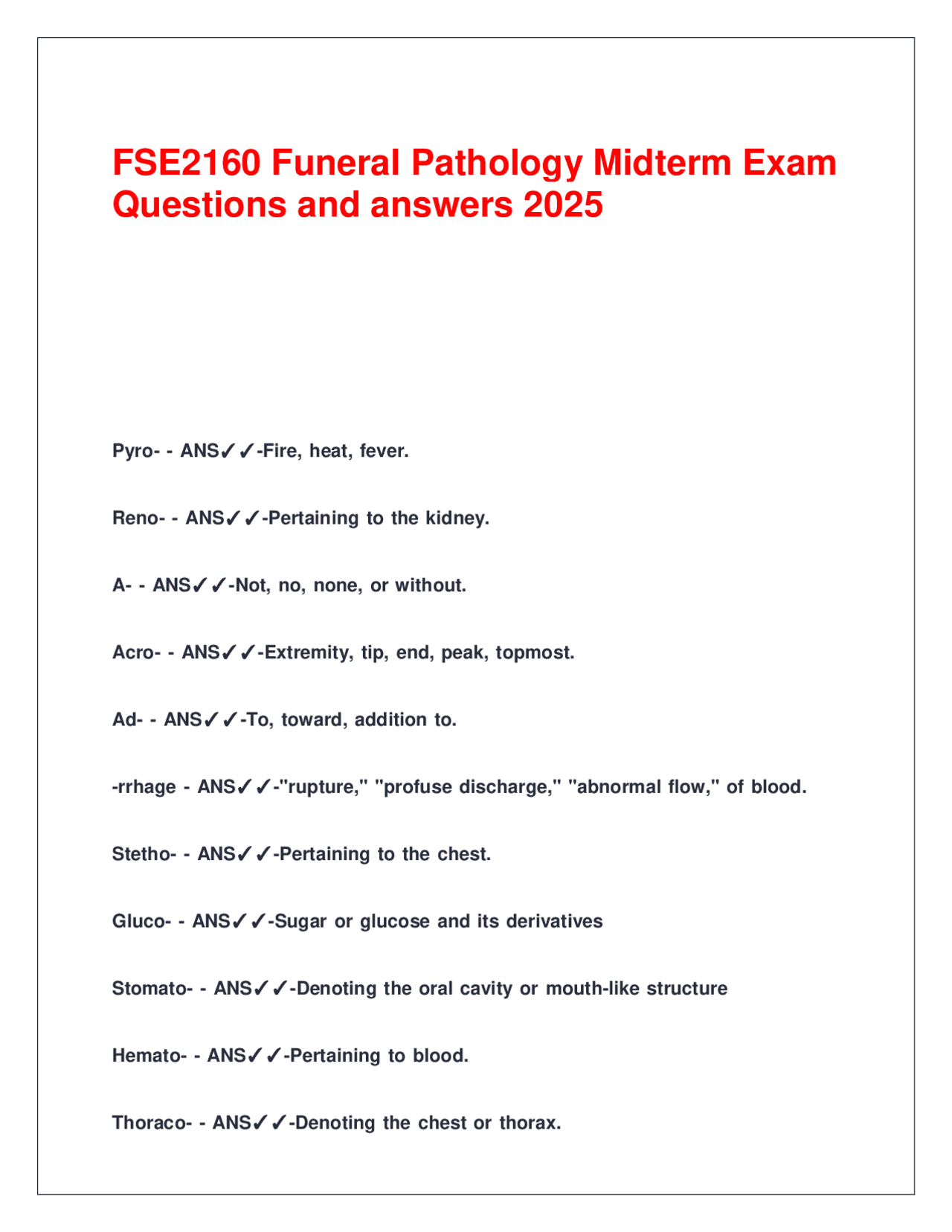 FSE2160 Funeral Pathology Midterm Exam: Medical Terminology Definitions ...