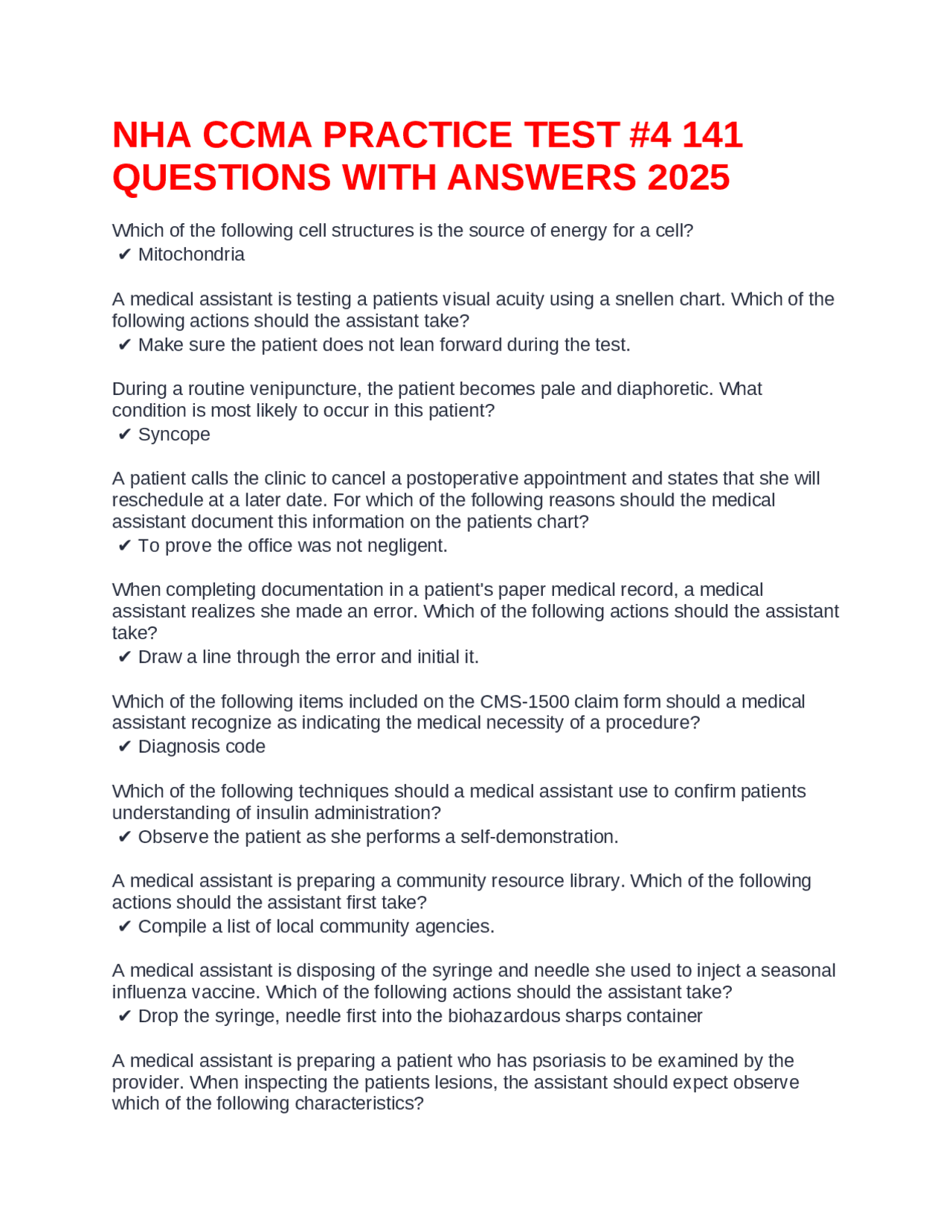 NHA CCMA Practice Test #4: Questions with Answers | Exams Medicine ...