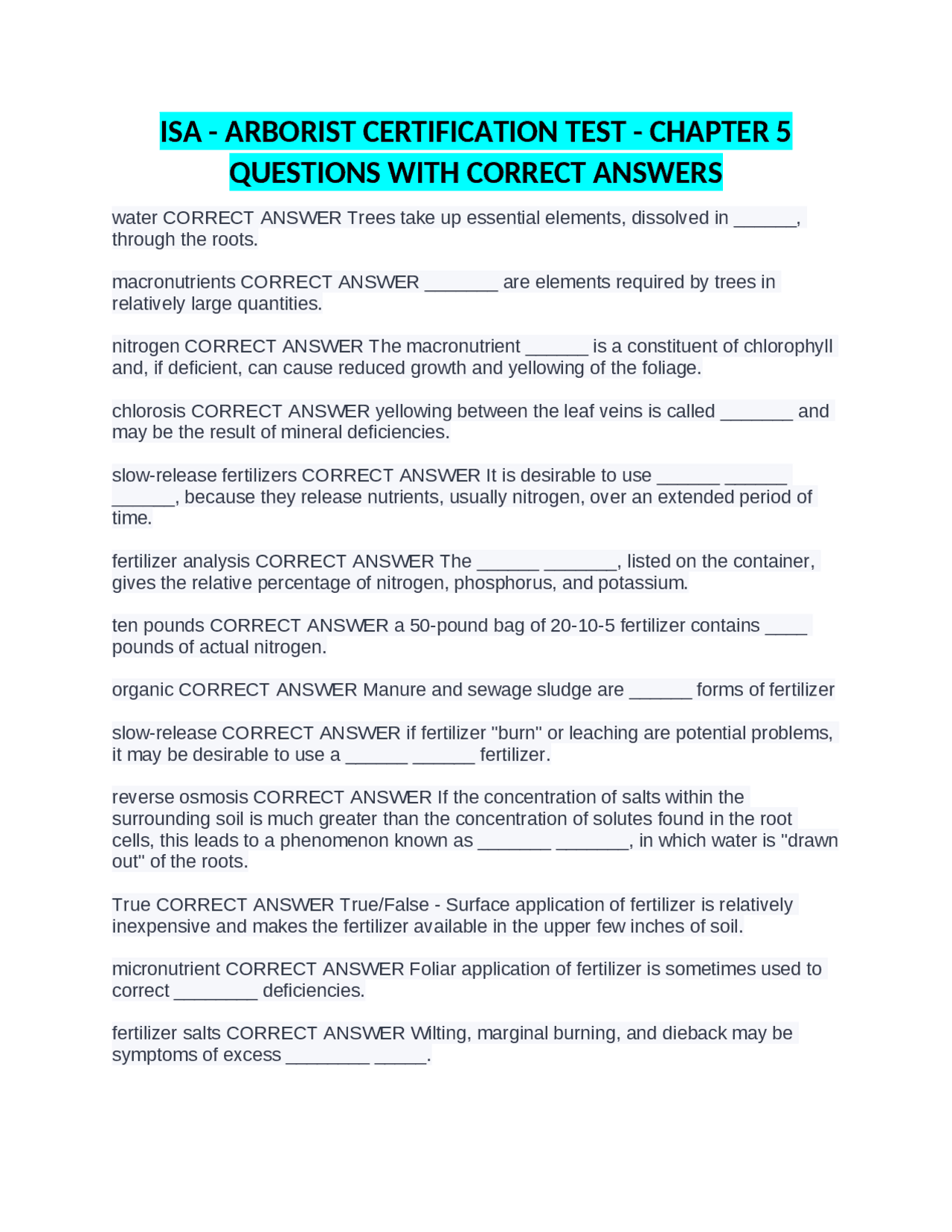 ISA - ARBORIST CERTIFICATION TEST - CHAPTER 5 QUESTIONS WITH CORRECT ...