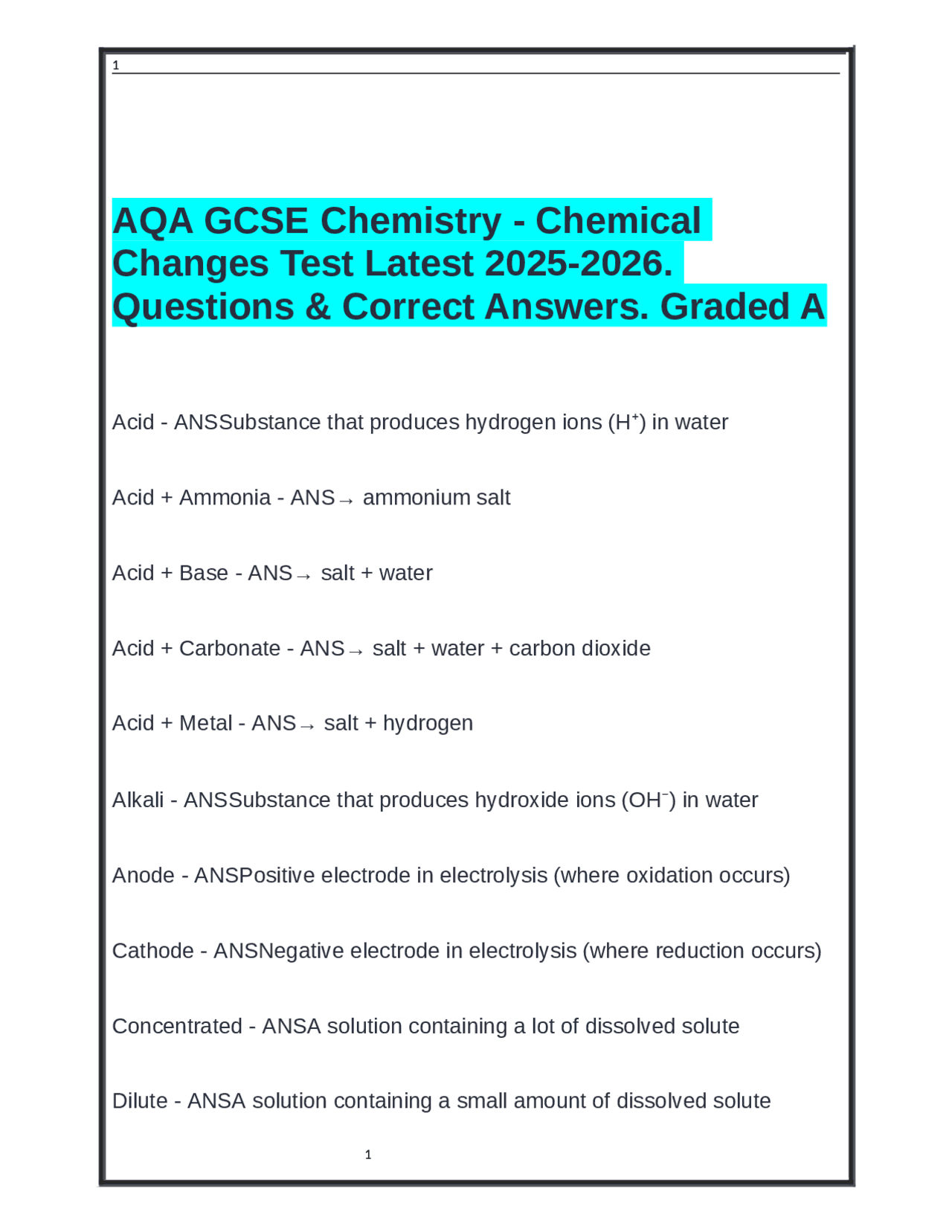 AQA GCSE Chemistry - Chemical Changes Test: Questions & Answers (Latest ...