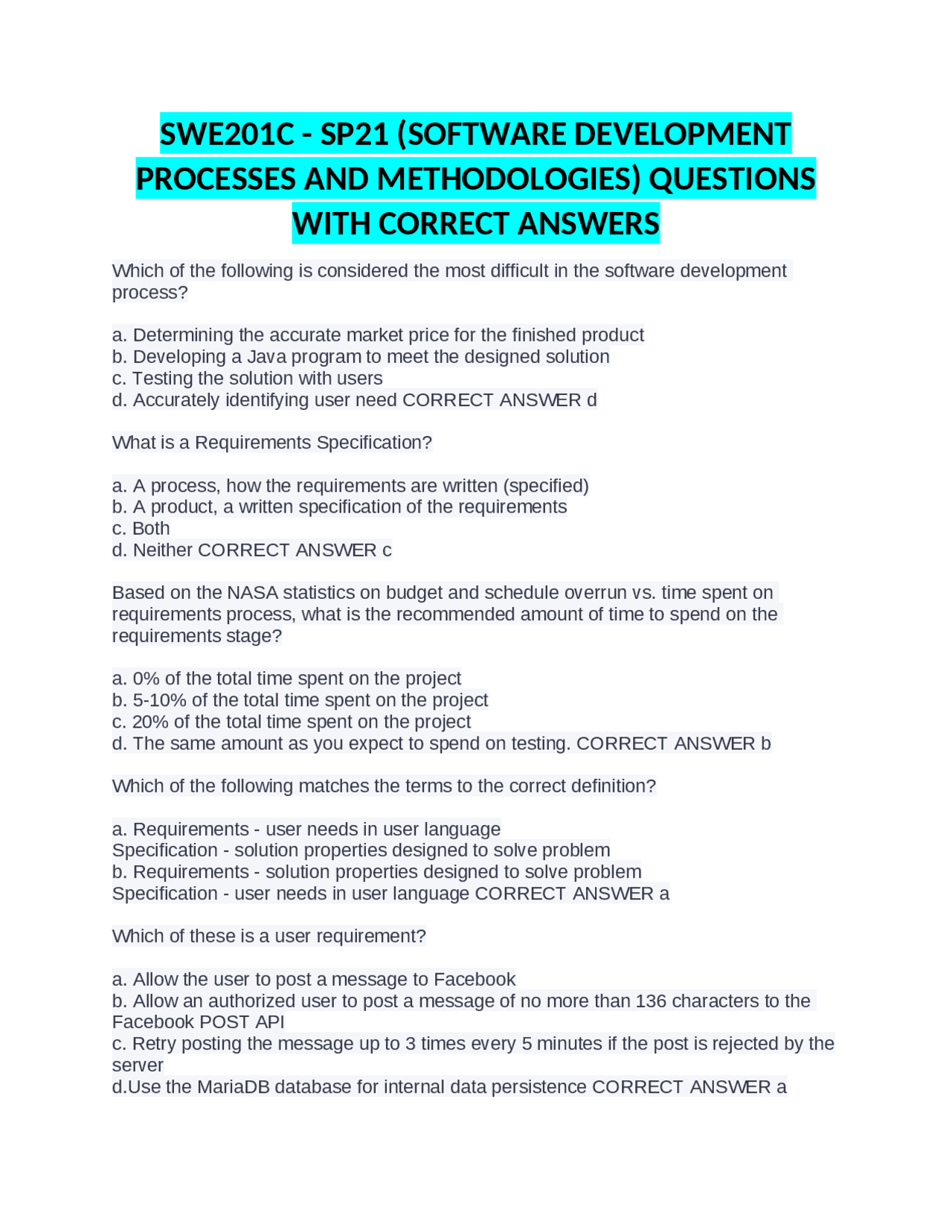 Software Development Processes and Methodologies Questions | Exams Advanced Education | Docsity