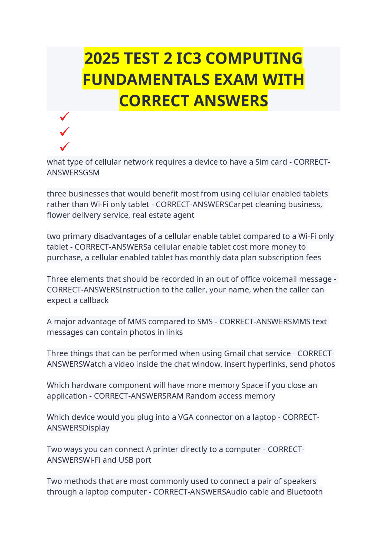 IC3 Computing Fundamentals Exam Questions and Answers | Exams Advanced Education | Docsity