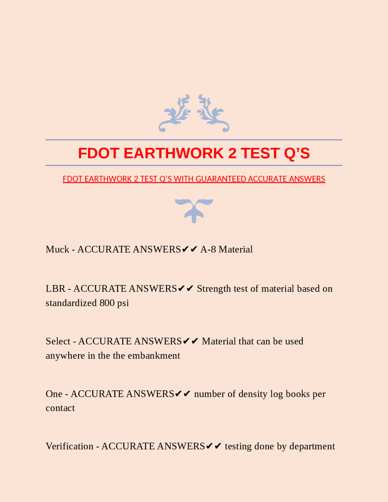FDOT EARTHWORK 2 TEST Q’S WITH GUARANTEED ACCURATE ANSWERS | Exams ...