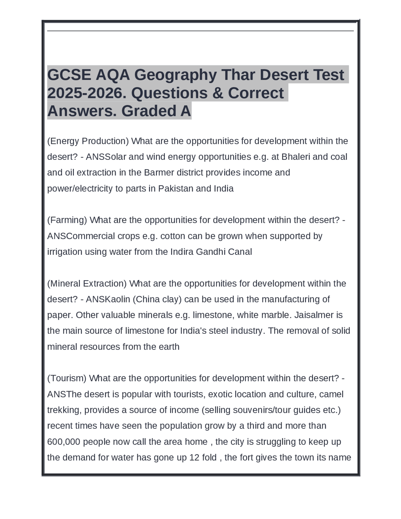 GCSE AQA Geography Thar Desert Test 2025-2026. Questions & Correct ...