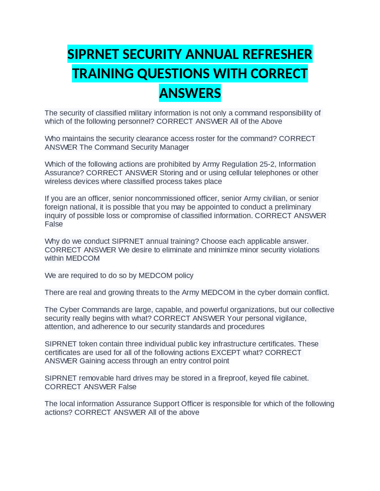 SIPRNET SECURITY ANNUAL REFRESHER TRAINING QUESTIONS WITH CORRECT ...