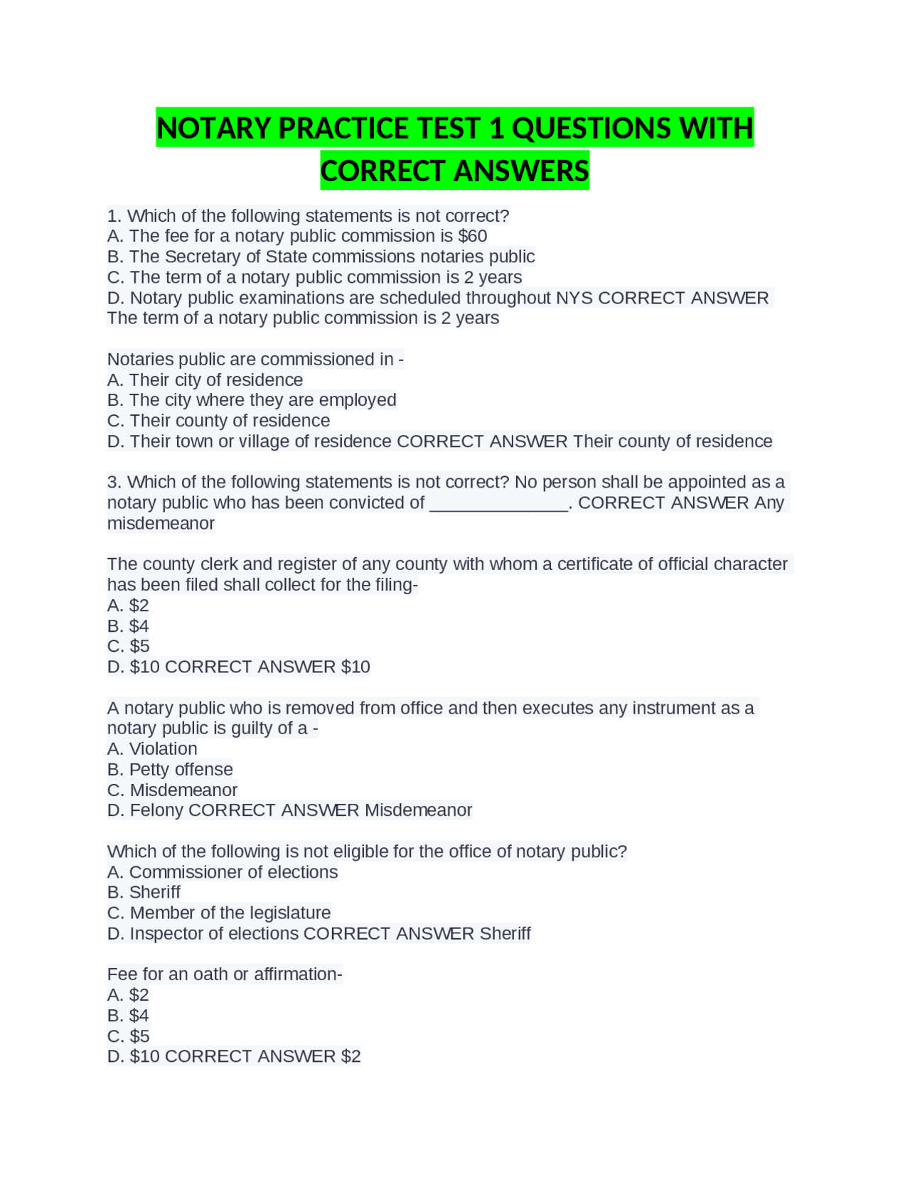 NOTARY PRACTICE TEST 1 QUESTIONS WITH CORRECT ANSWERS | Exams Law | Docsity