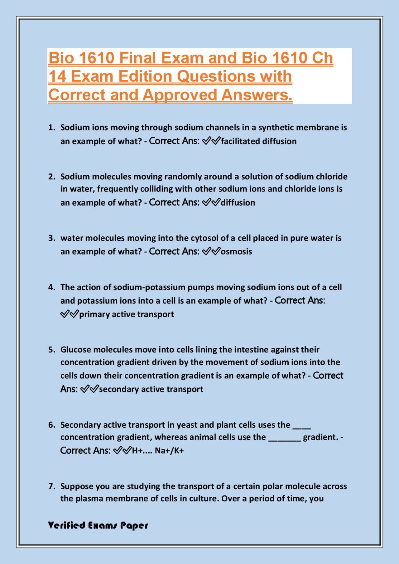 Bio 1610 Final Exam and Chapter 14 Exam Edition Questions with Answers ...