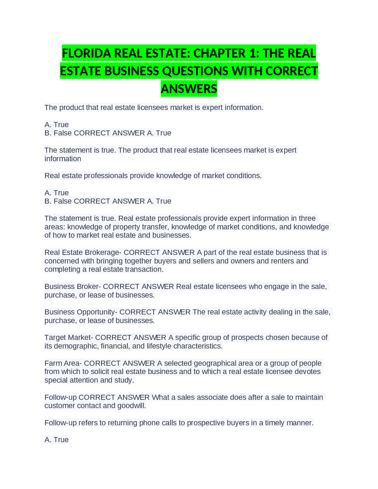 FLORIDA REAL ESTATE: CHAPTER 1: THE REAL ESTATE BUSINESS QUESTIONS WITH ...