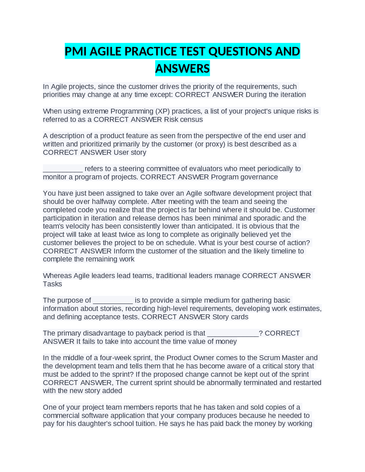 Agile Project Management Practice Test Questions and Answers | Exams ...