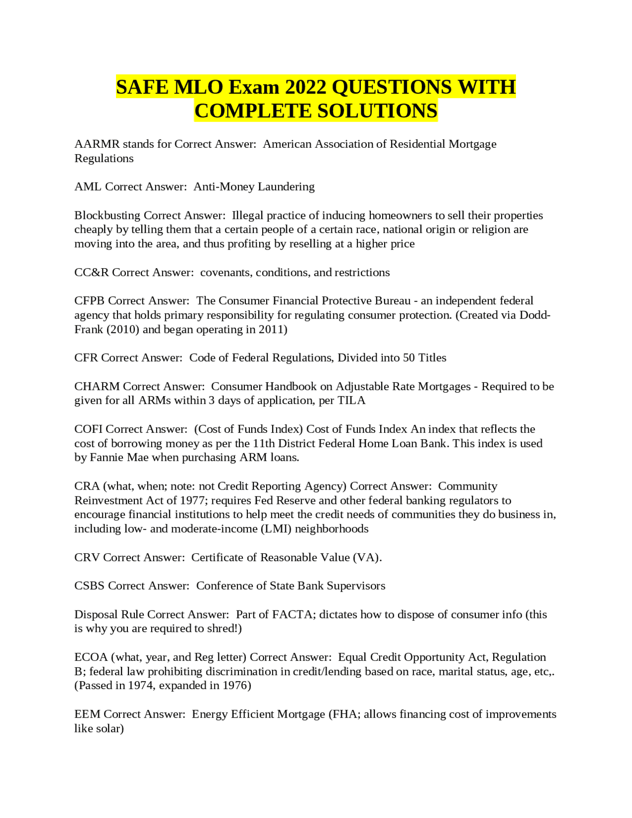 SAFE MLO Exam 2022 QUESTIONS WITH COMPLETE SOLUTIONS | Exams Nursing ...