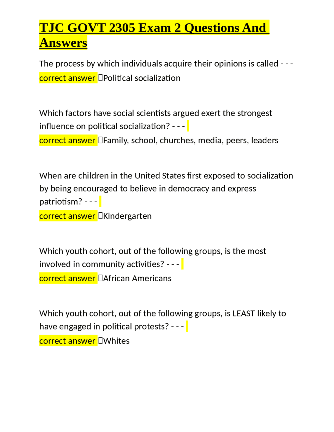 TJC GOVT 2305 Exam 2 Questions and Answers: American Government and ...