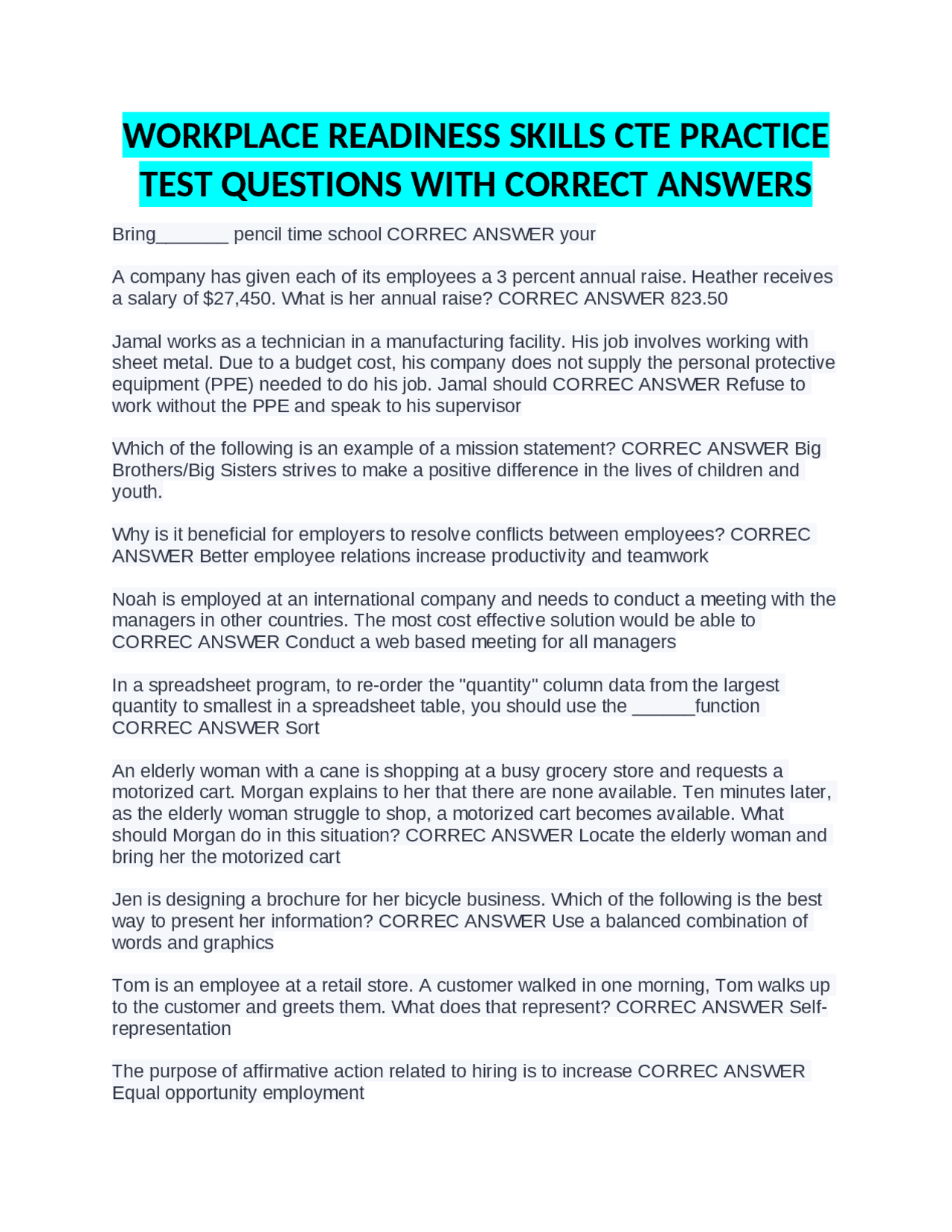 WORKPLACE READINESS SKILLS CTE PRACTICE TEST QUESTIONS WITH CORRECT ...