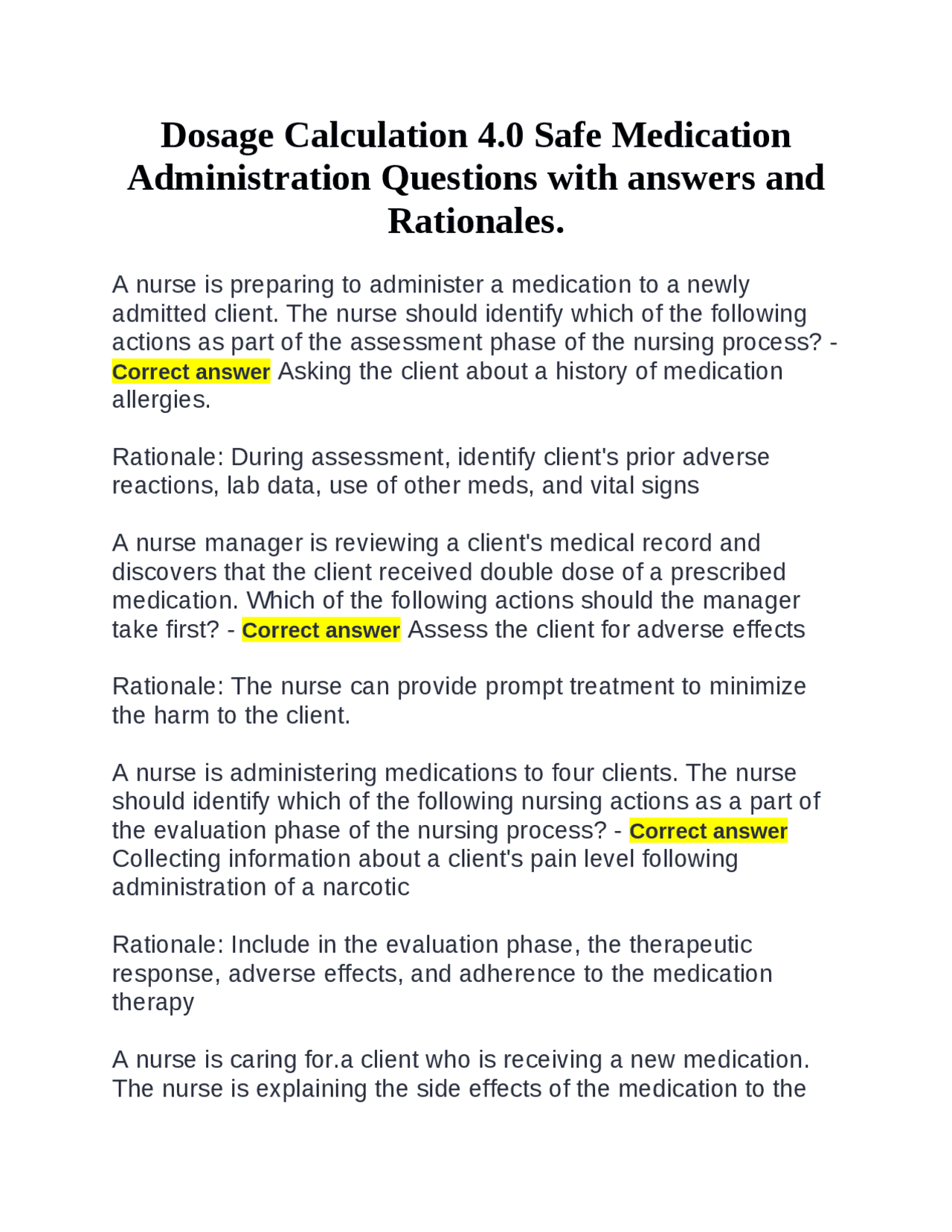 Dosage Calculation 4.0 Safe Medication Administration Questions with ...