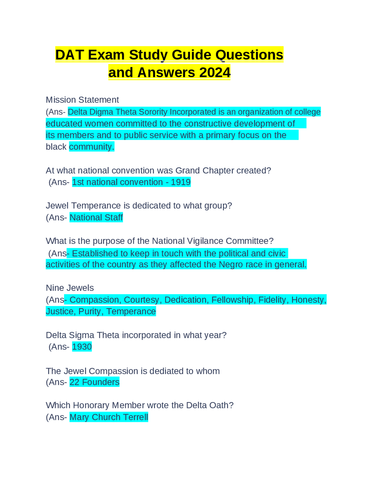 DAT Exam Study Guide Questions and Answers 2024 | Exams Nursing | Docsity