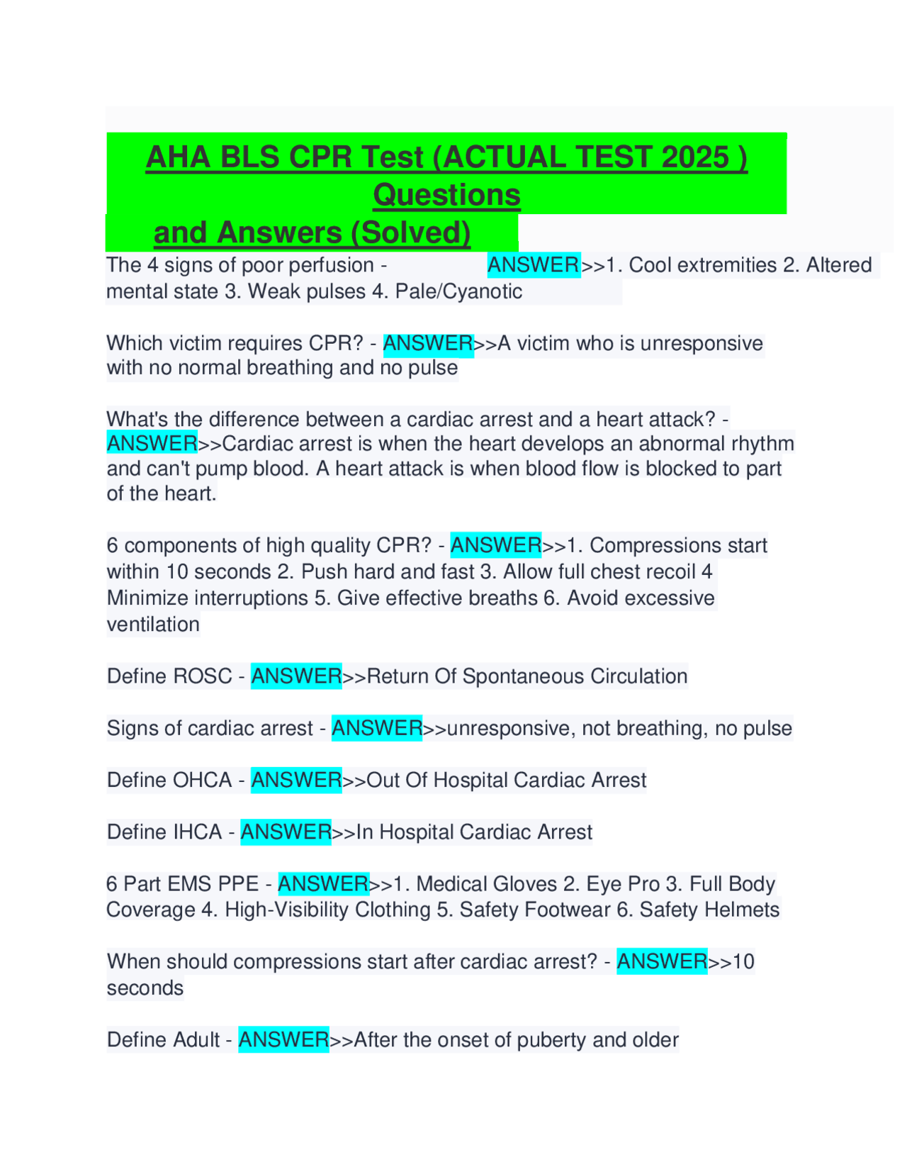 AHA BLS CPR Test Questions and Answers (Solved) | Exams Nursing | Docsity