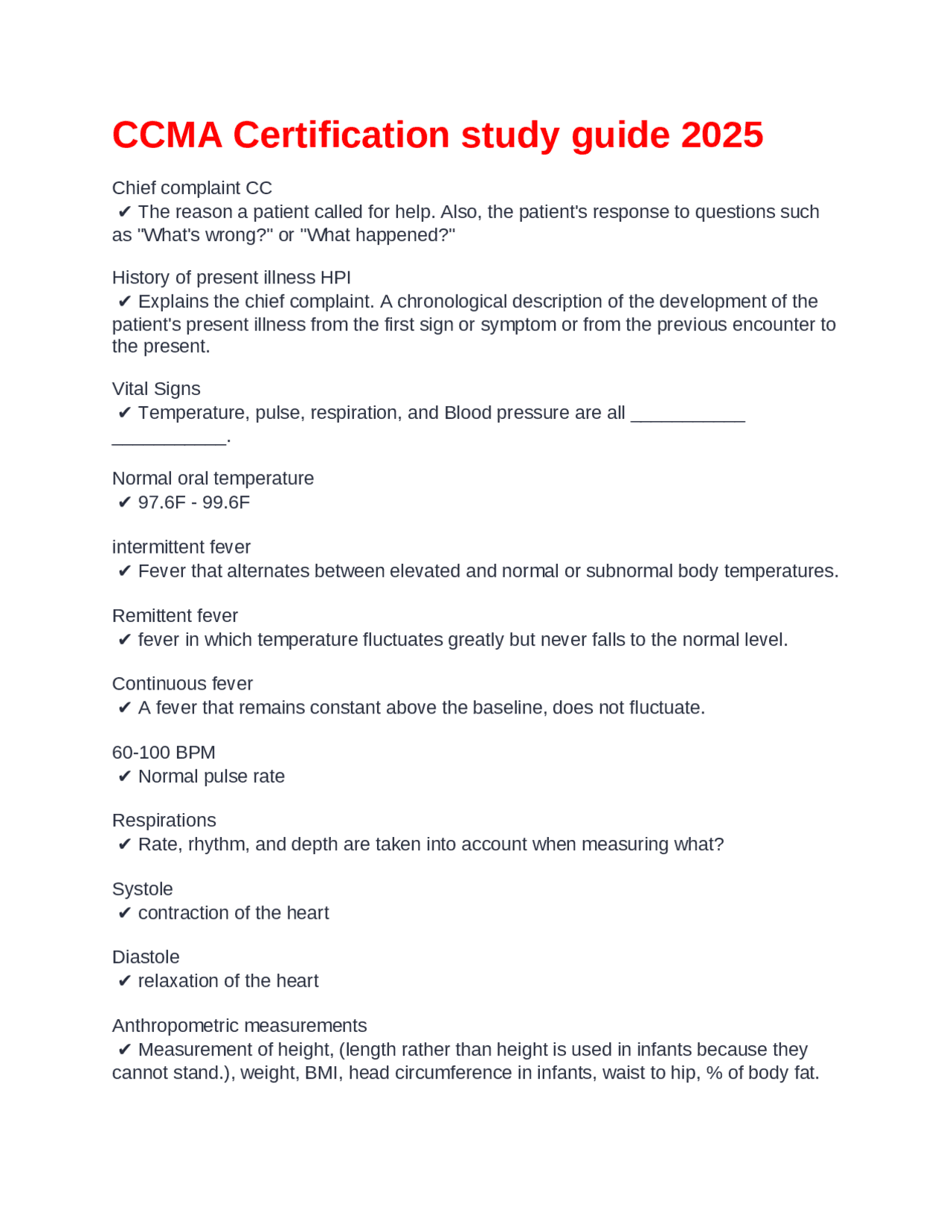 CCMA Certification study guide 2025 | Exams Medicine | Docsity