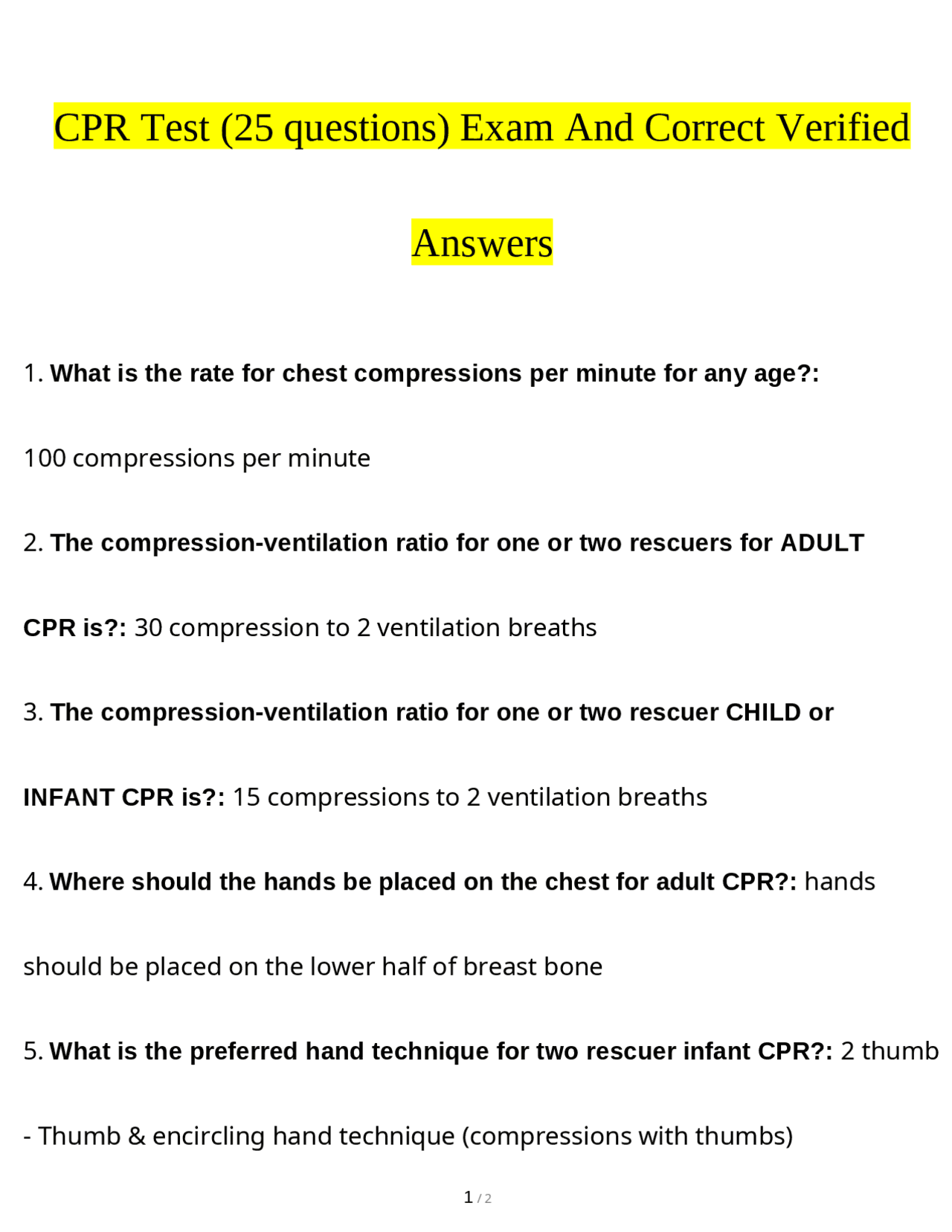 CPR Test: 25 Questions and Answers | Exams Nursing | Docsity