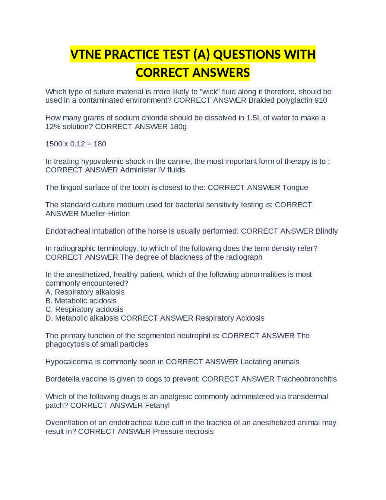 VTNE PRACTICE TEST (A) QUESTIONS WITH CORRECT ANSWERS | Exams Nursing ...