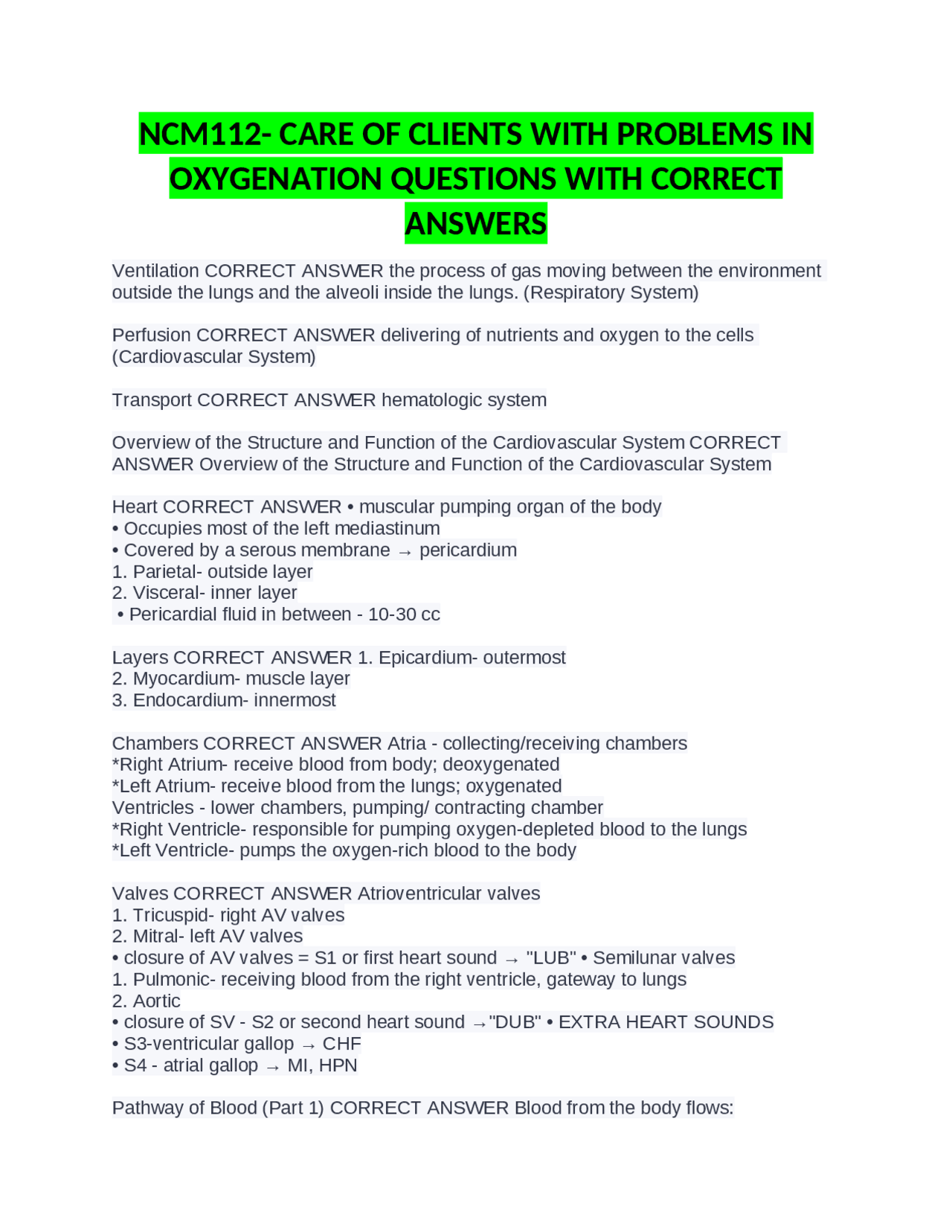NCM112- CARE OF CLIENTS WITH PROBLEMS IN OXYGENATION QUESTIONS WITH ...