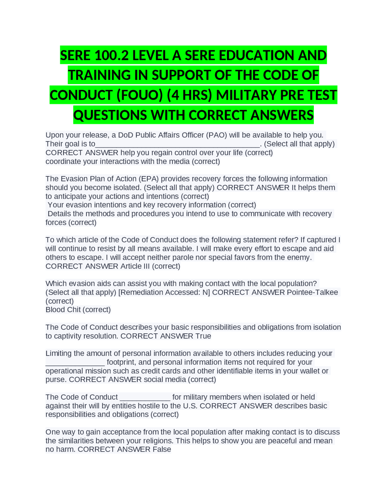 SERE 100.2 LEVEL A SERE EDUCATION AND TRAINING IN SUPPORT OF THE CODE ...