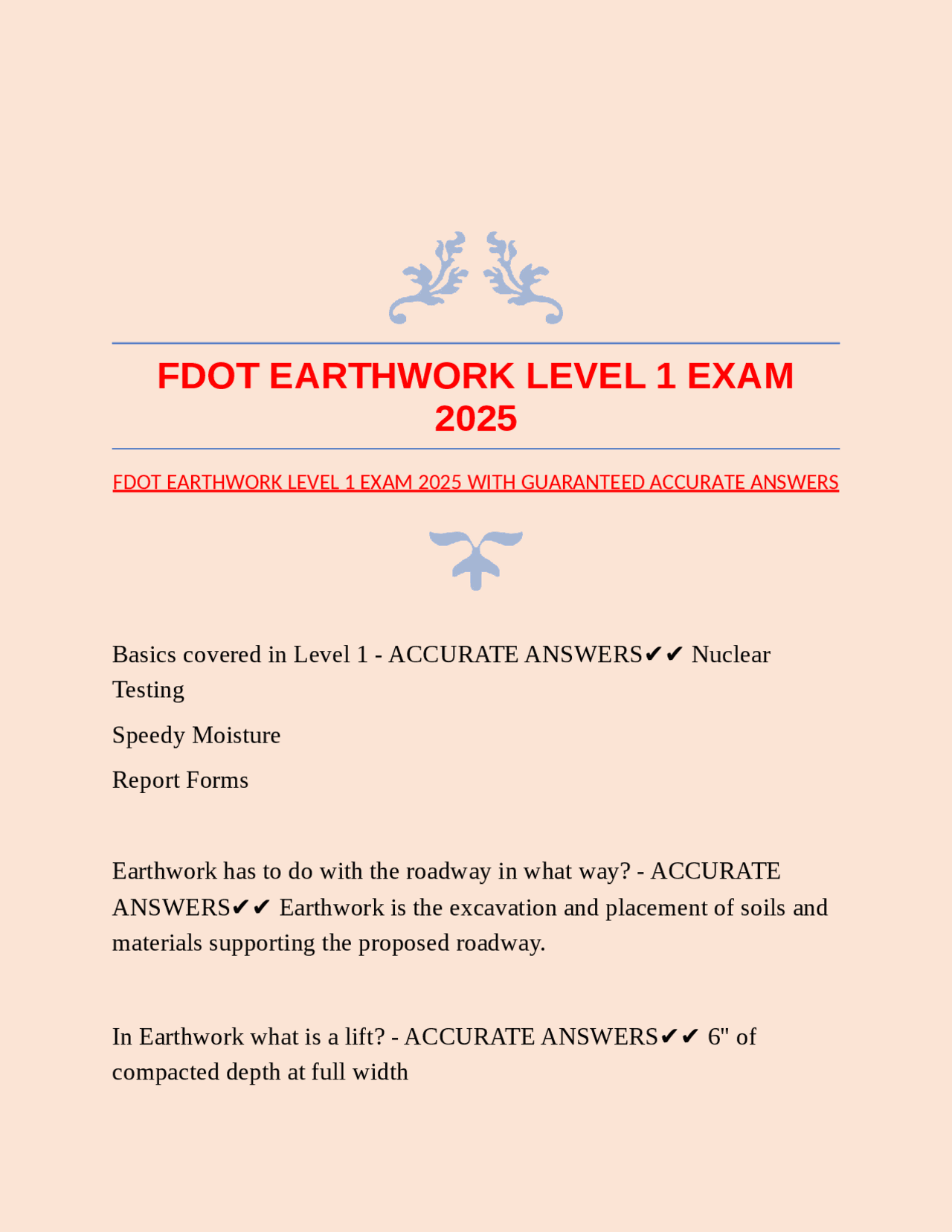 FDOT EARTHWORK LEVEL 1 EXAM 2025 WITH GUARANTEED ACCURATE ANSWERS ...