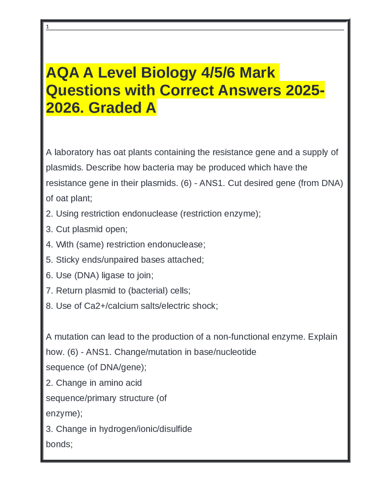 AQA A Level Biology 4/5/6 Mark Questions with Correct Answers 20252026 ...