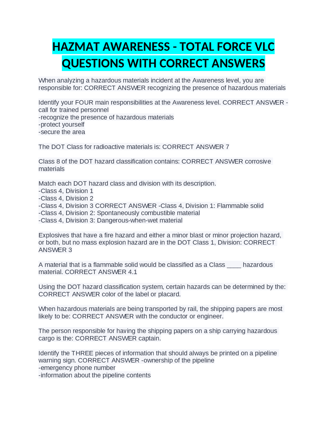 HAZMAT Awareness - Total Force VLC: Questions and Answers | Exams ...