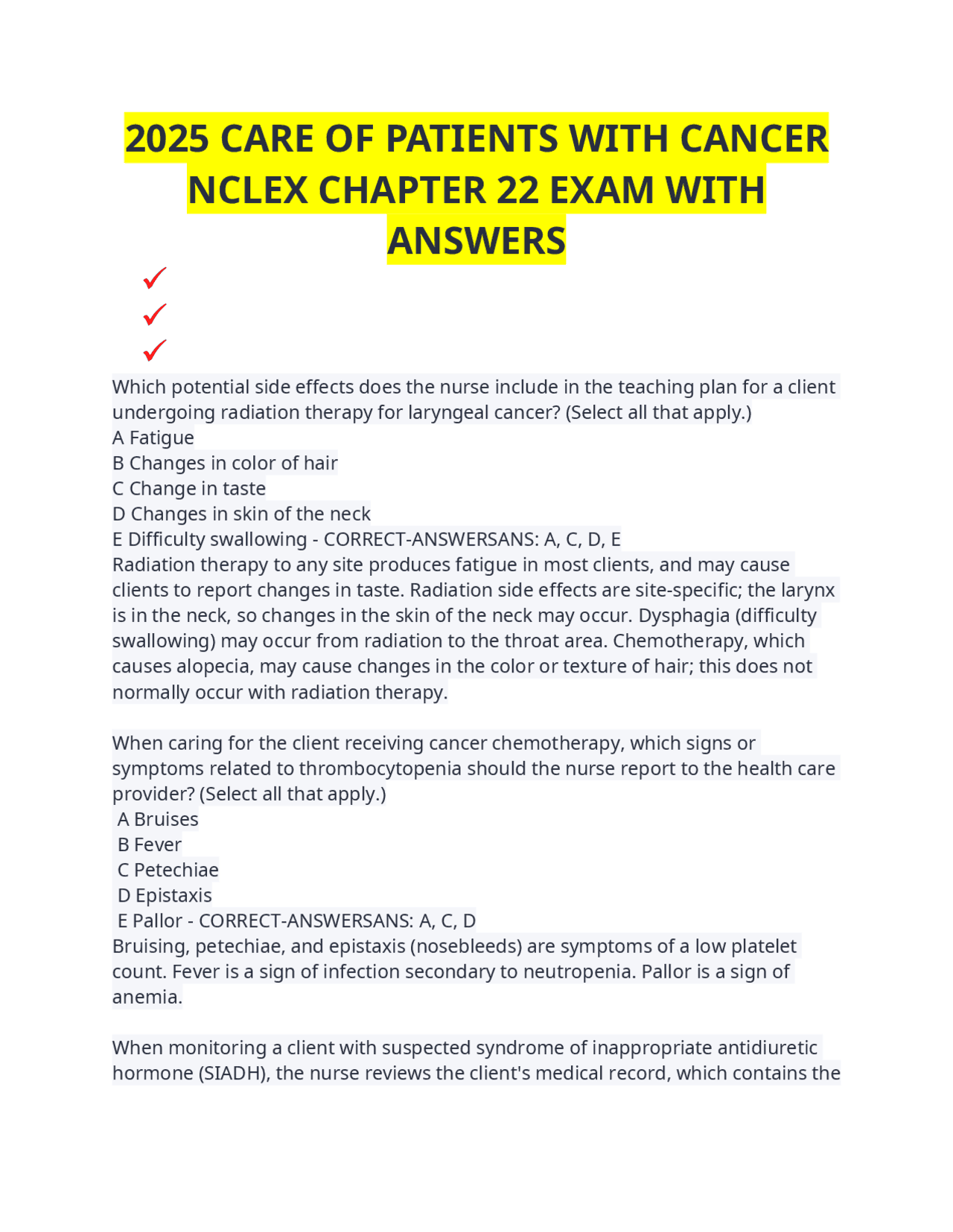 2025 CARE OF PATIENTS WITH CANCER NCLEX CHAPTER 22 EXAM WITH ANSWERS ...
