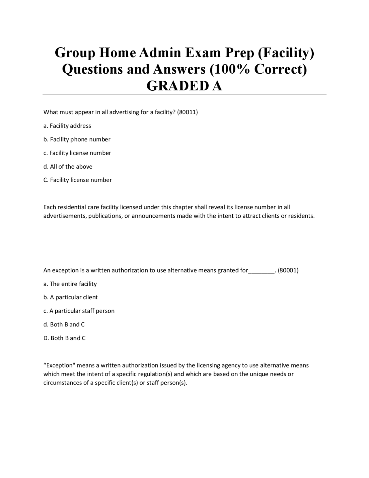 Group Home Admin Exam Prep (Facility) Questions and Answers (100% ...
