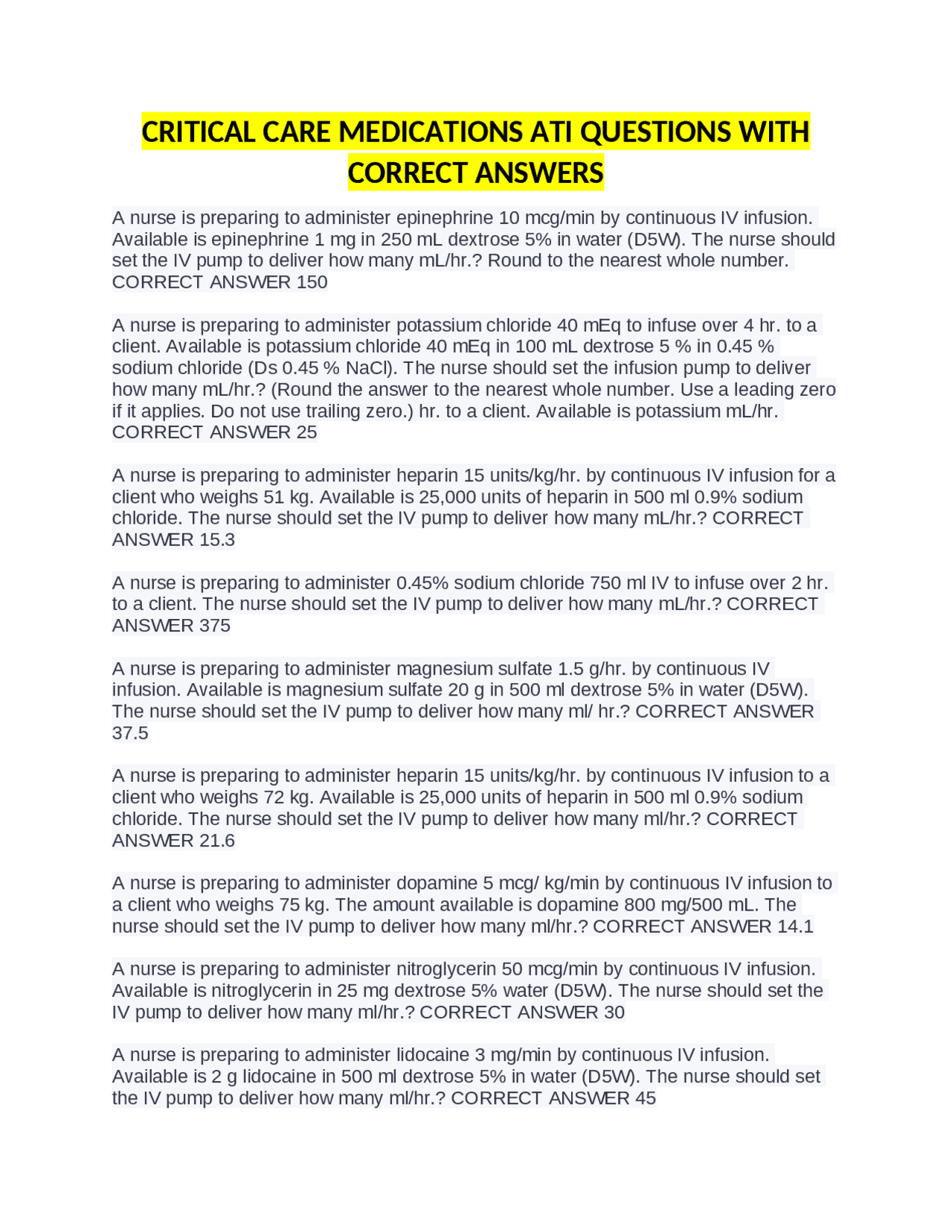 Critical Care Medications ATI Questions with Correct Answers | Exams Nursing | Docsity
