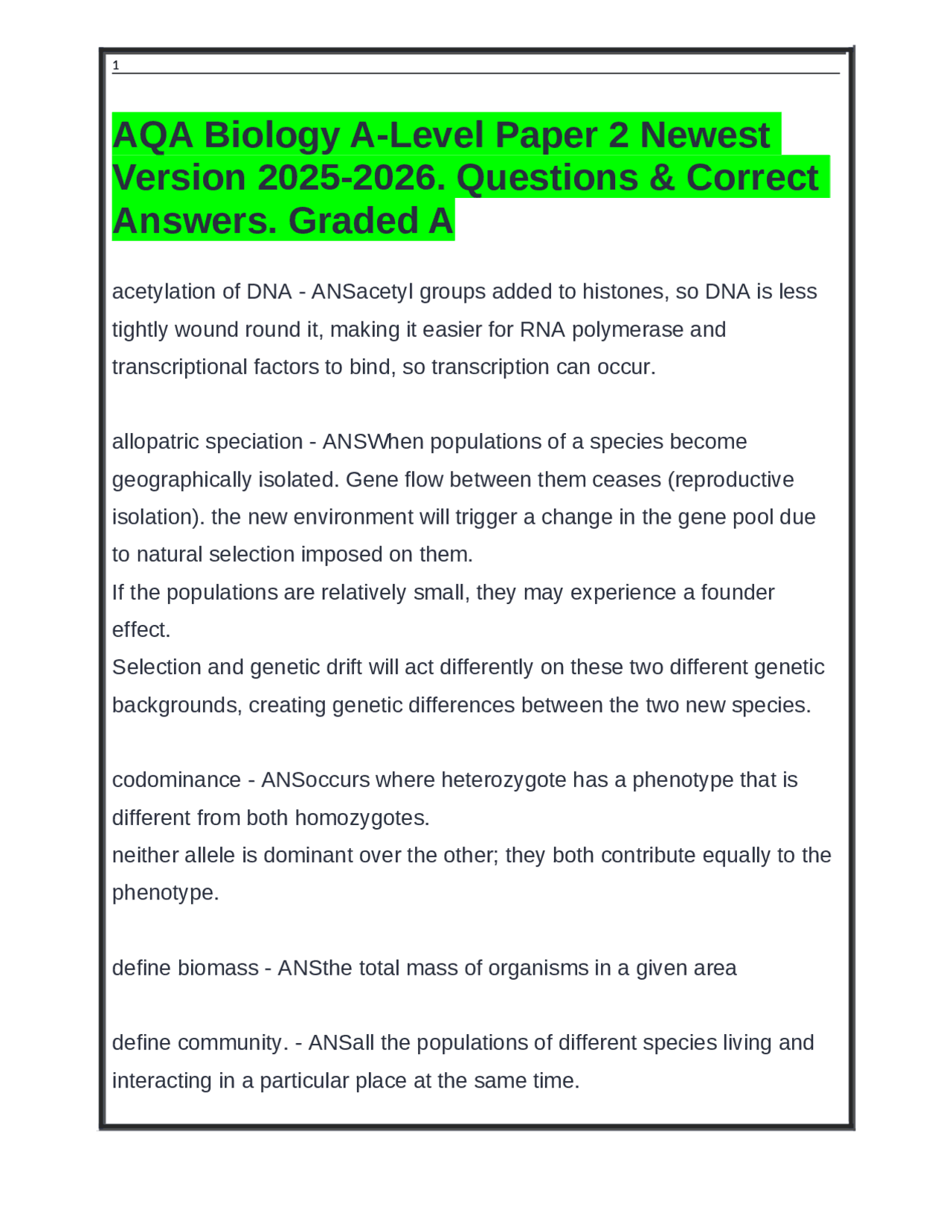 AQA Biology A-Level Paper 2: Questions and Answers for 2025-2026 ...